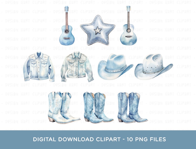 Cowboy Clipart Bundle - Watercolor Cowgirl Cowboy Rodeo PNG Guitar Hat ...