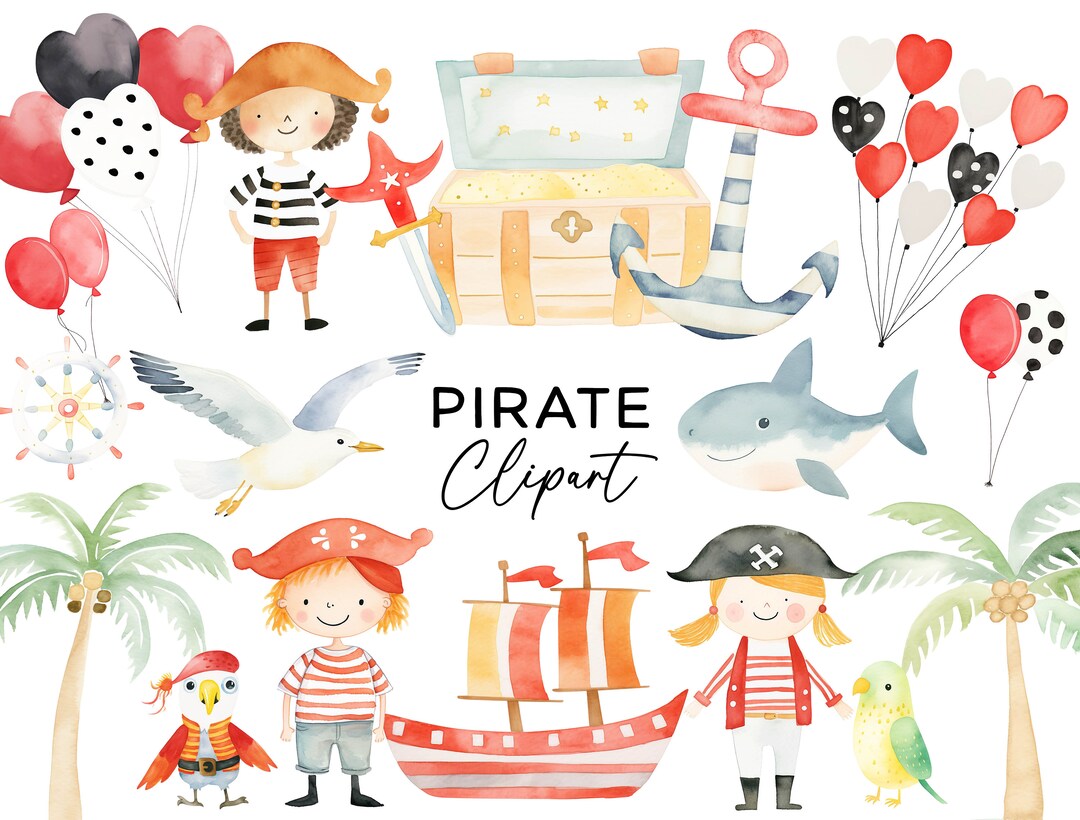Pirate Clipart Set, Watercolor PNG Graphics Commercial Use Pirate Party ...