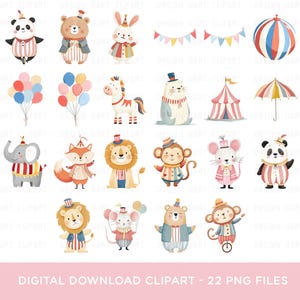 Carnival Clipart Bundle, Watercolor Circus Animals Lion Monkey Elephant ...