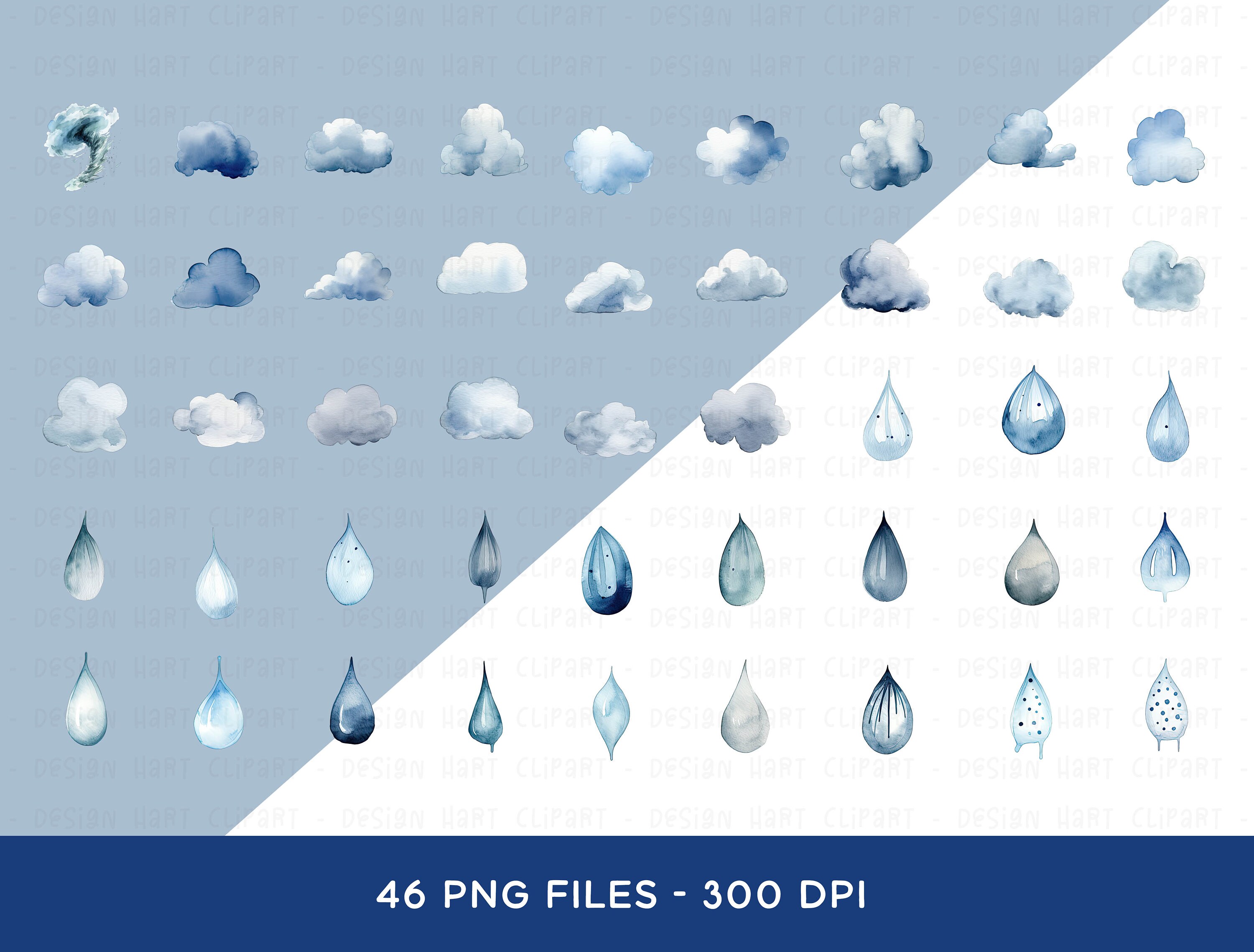 Clouds Clipart Bundle, Watercolor Rain Drops, Weather Icons PNG ...