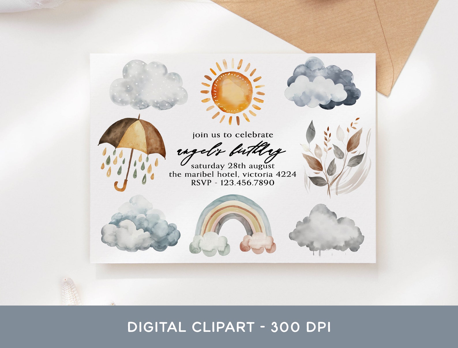 Weather Clipart Bundle, Watercolor Sun Clouds Rainbow Storm Summer ...