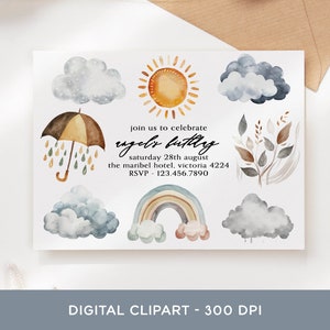 Weather Clipart Bundle, Watercolor Sun Clouds Rainbow Storm Summer ...