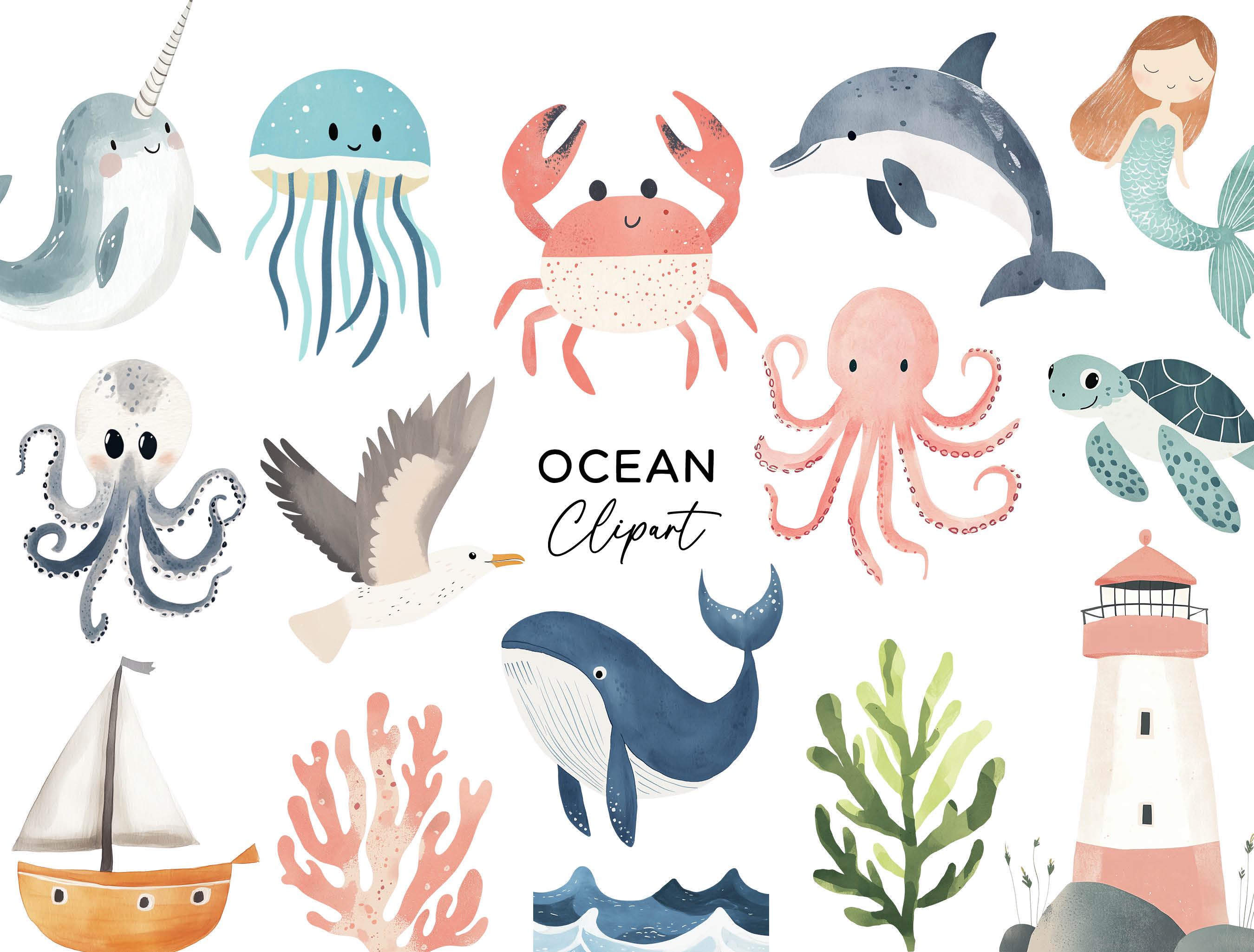 Ocean Clipart Bundle, Watercolor Under the Sea Creatures Animals Beach ...