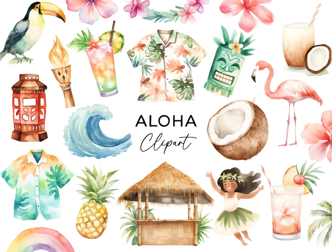 Hawaiian Clipart Bundle - Watercolor Aloha Tropical Summer Elements ...