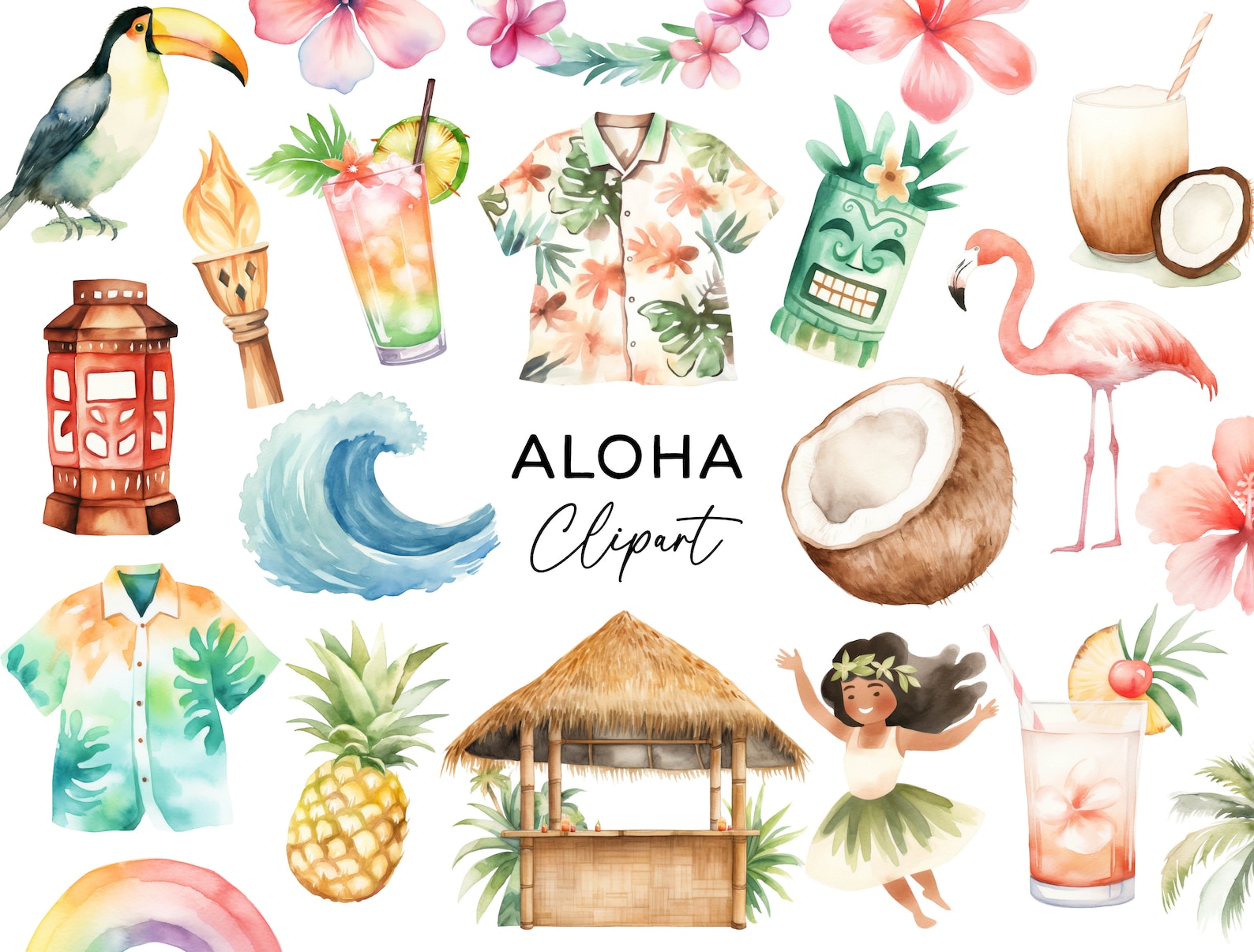 Hawaiian Clipart Bundle Watercolor Aloha Tropical Summer Elements, Tiki ...