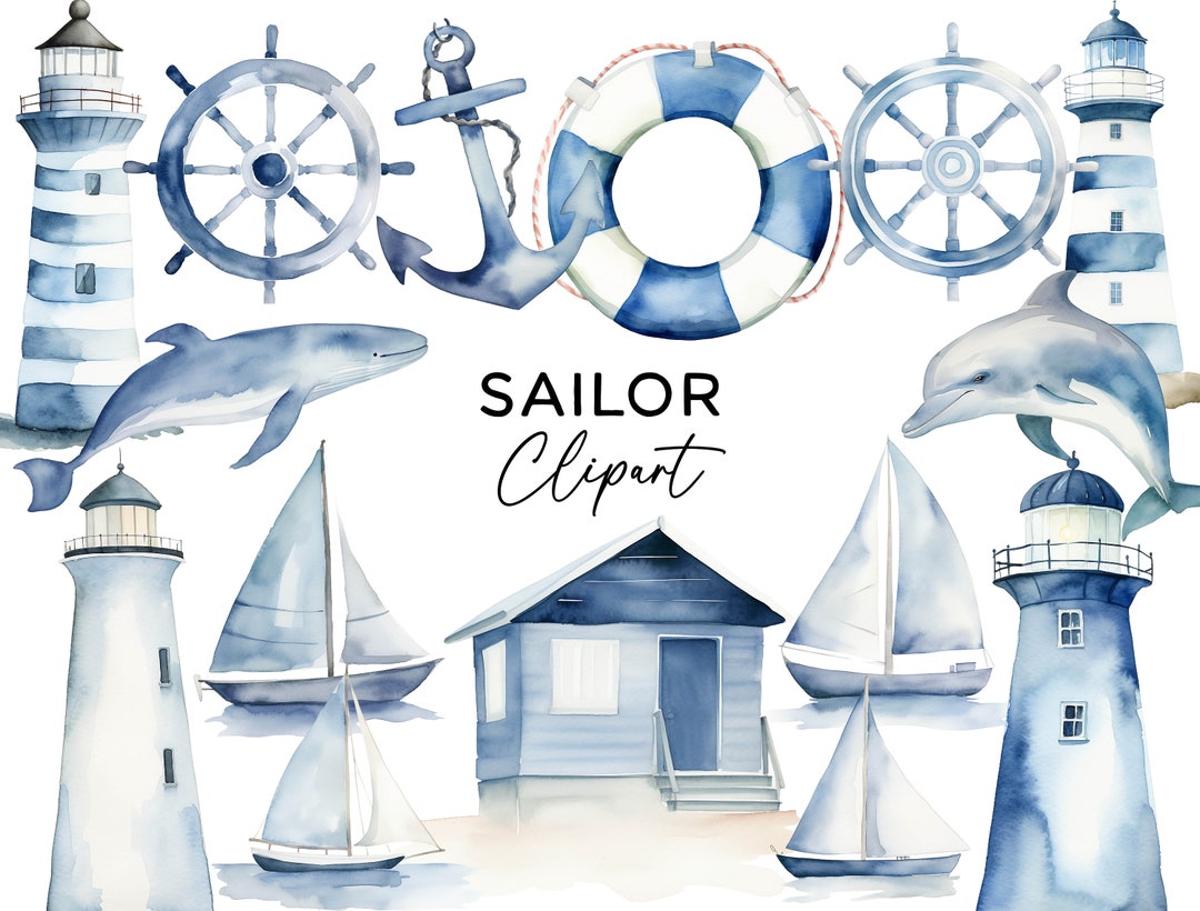 Sailor Clipart Bundle Set, Watercolor Lighthouse Anchor Boat Beach ...