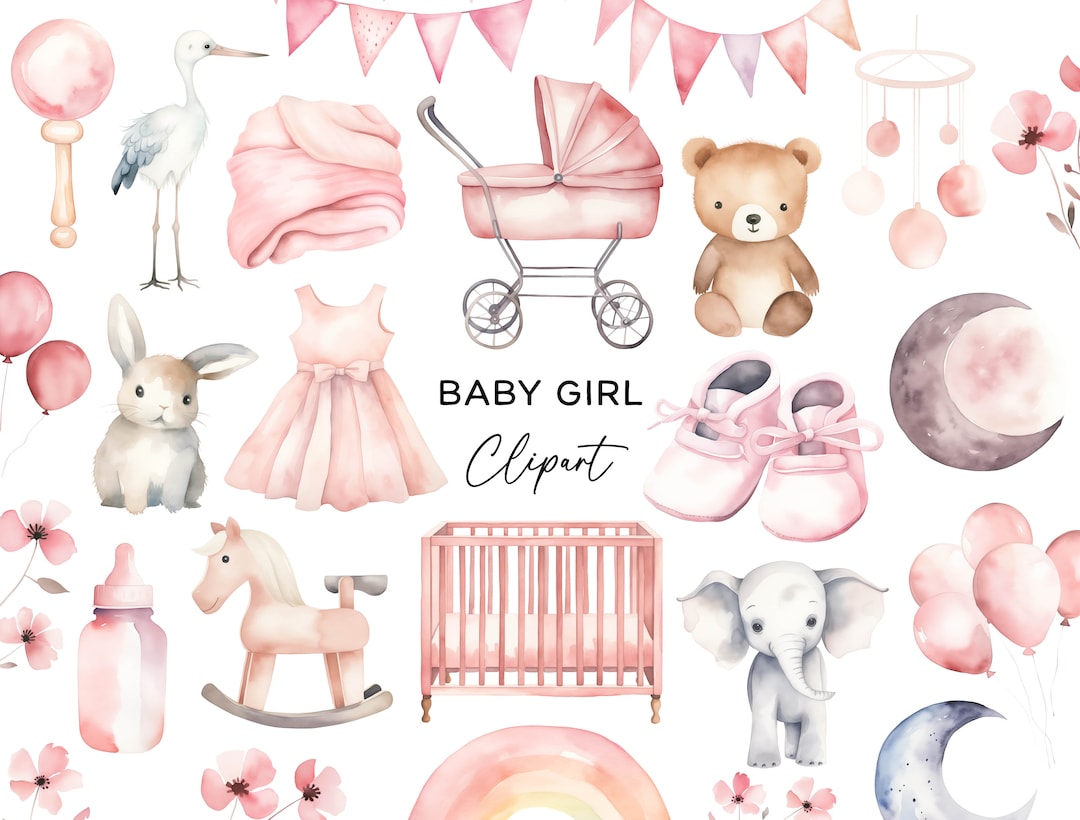 Baby Girl Clipart Bundle, Watercolor Baby Shower Pastel Pink Pram Cot ...