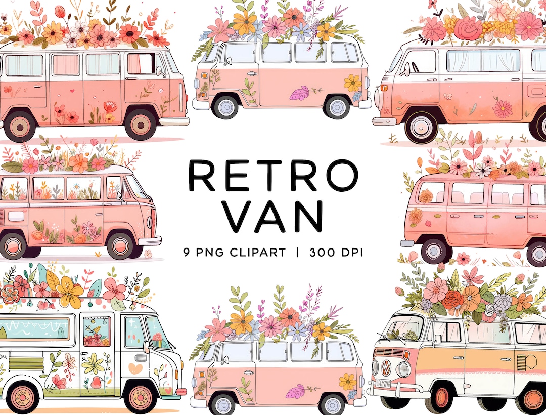 Retro Floral Van Clipart Bundle, Groovy Pastel Flowers PNG Digital ...