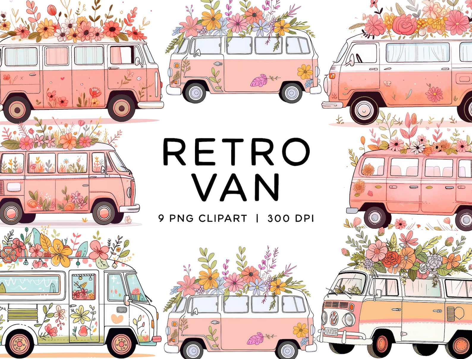 Retro Floral Van Clipart Bundle, Groovy Pastel Flowers PNG Digital ...