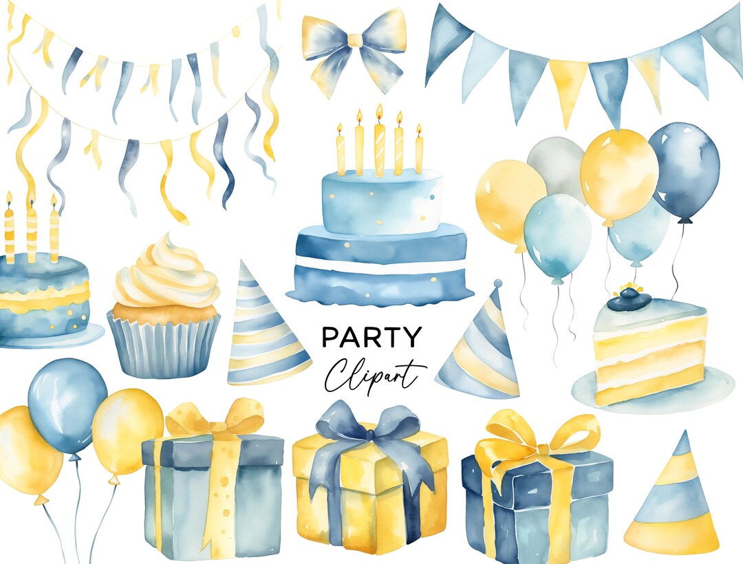 Party Clipart Bundle, PNG Graphic Digital Download Watercolor Blue ...