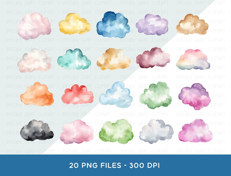 Clouds Clipart Bundle, Watercolor Pastel Rainbow Cloud Icons, Hand ...