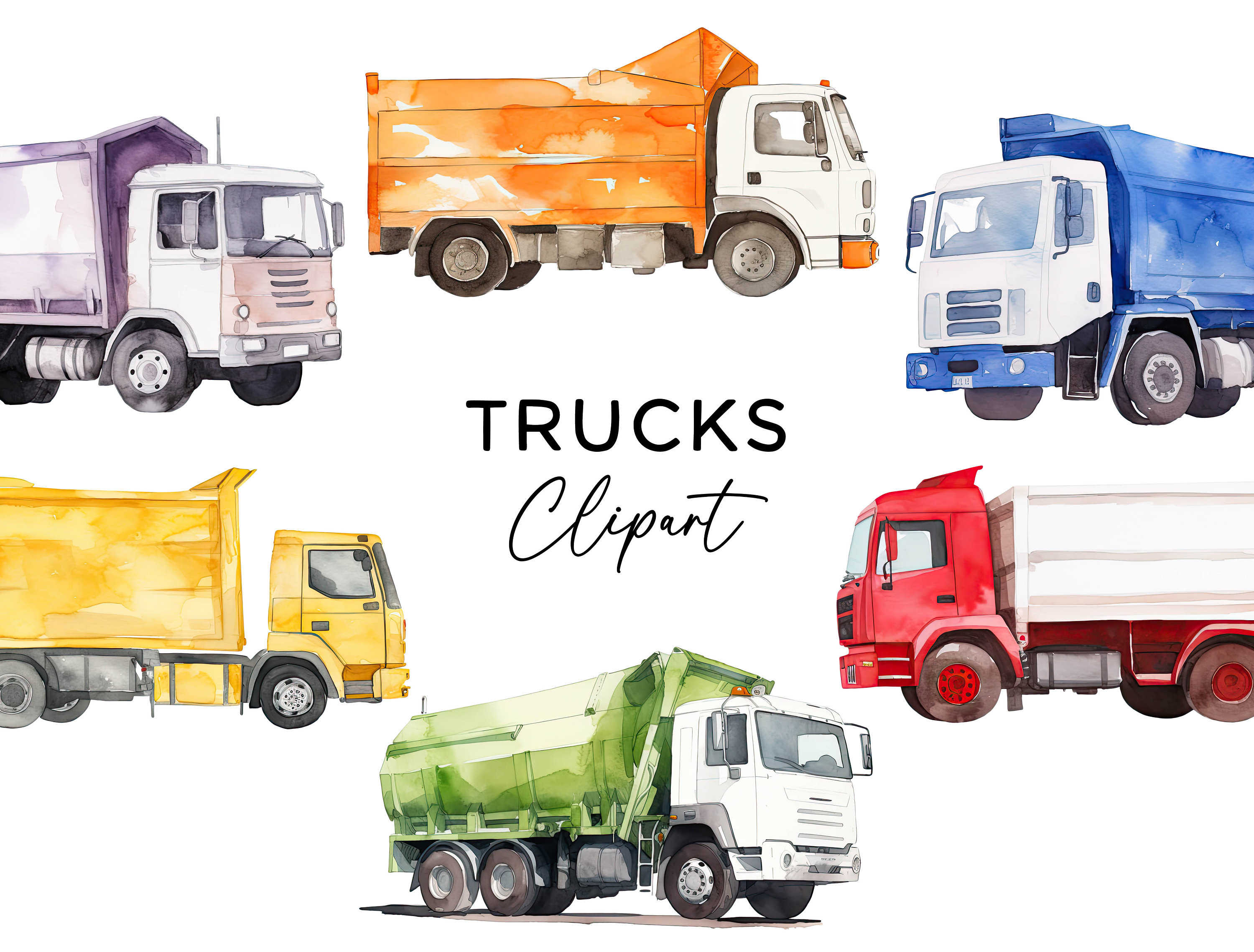 Watercolor Truck Clipart Bundle: Colorful Vehicles Garbage Trucks PNG ...