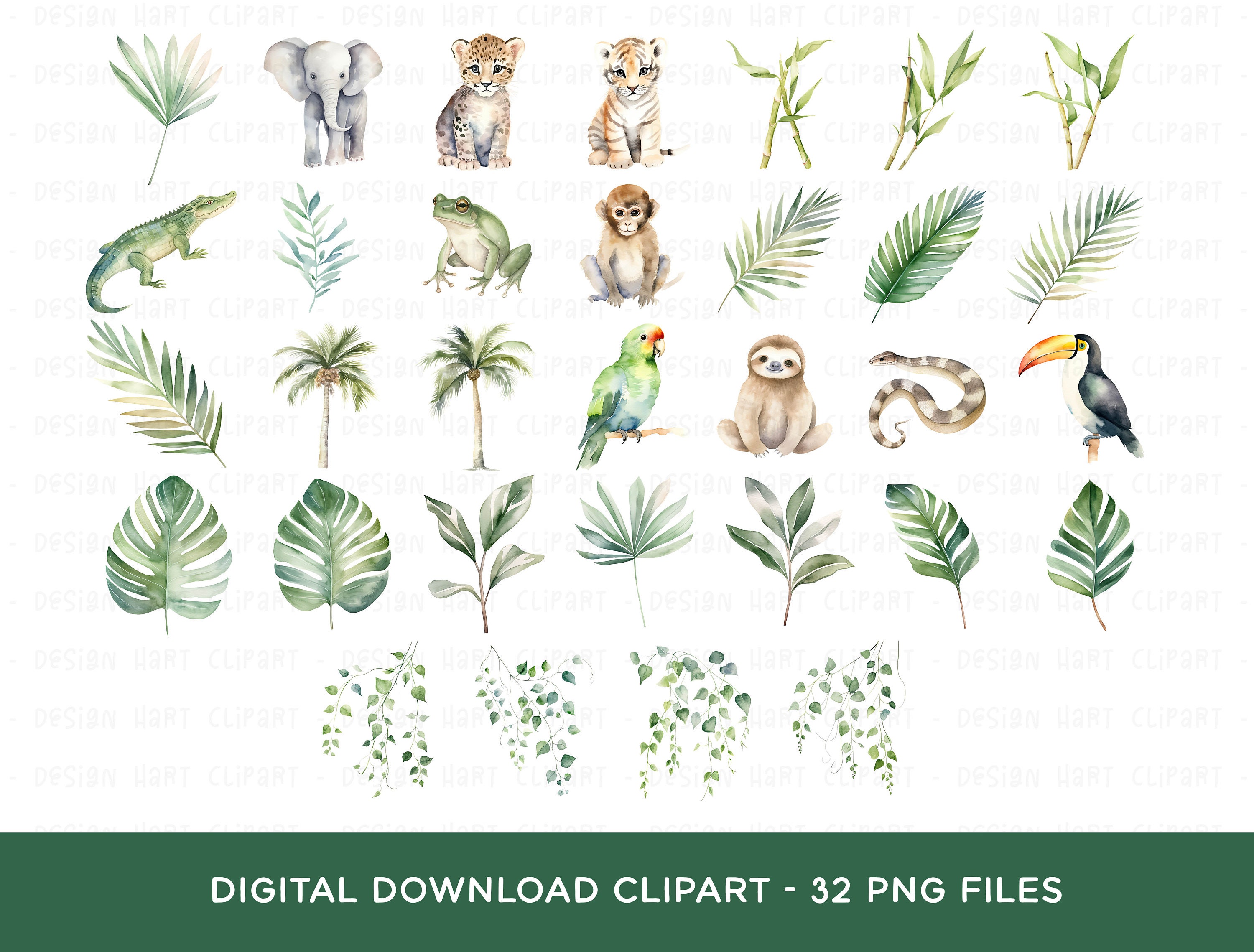 Jungle Animal Clipart Bundle, Watercolor Elephant Tiger Sloth Toucan ...