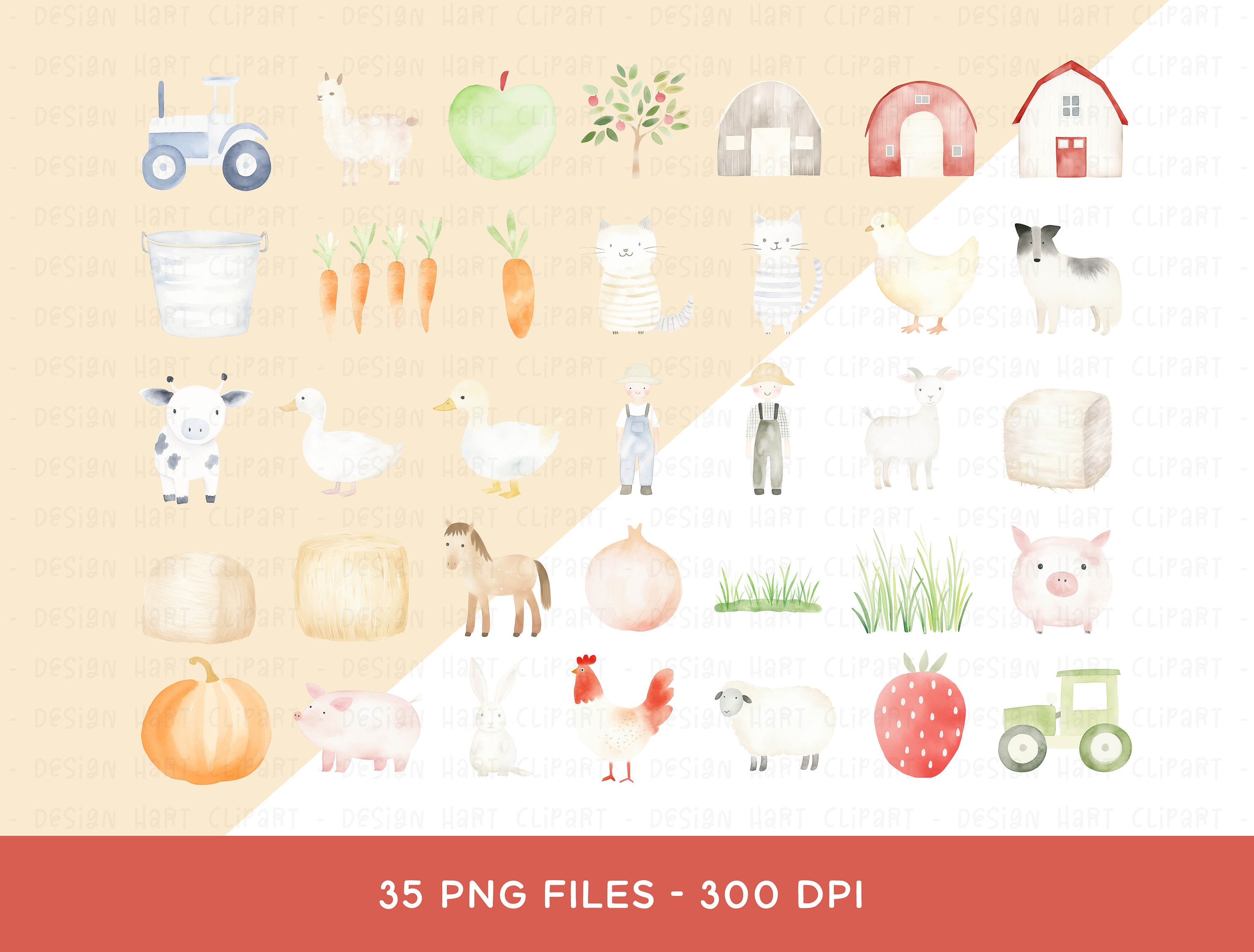 Farm Animal Clipart Bundle, Watercolor Barnyard Animals Pig Cow Horse ...