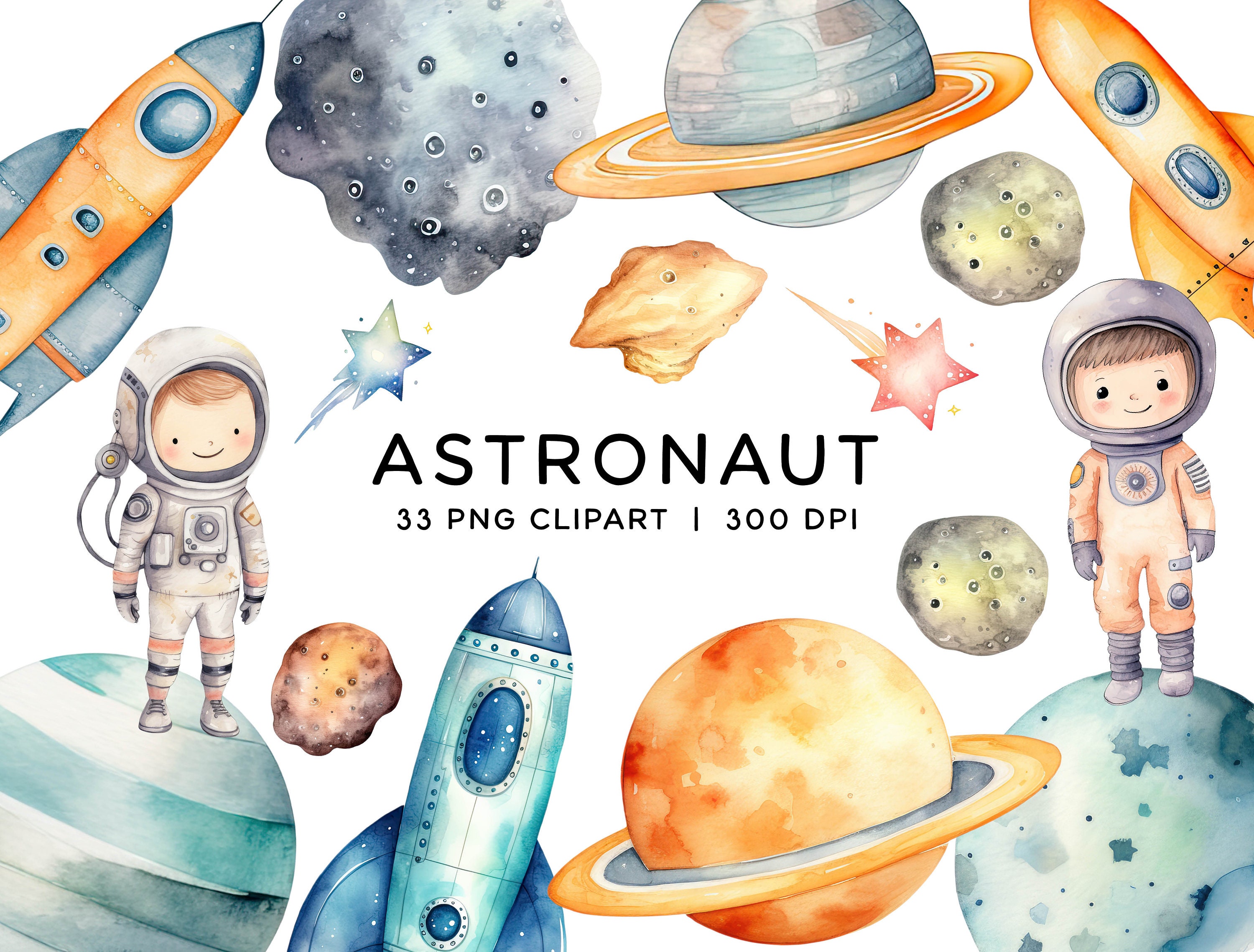 Astronaut Clipart Bundle, Watercolor PNG Graphics, Digital Download ...