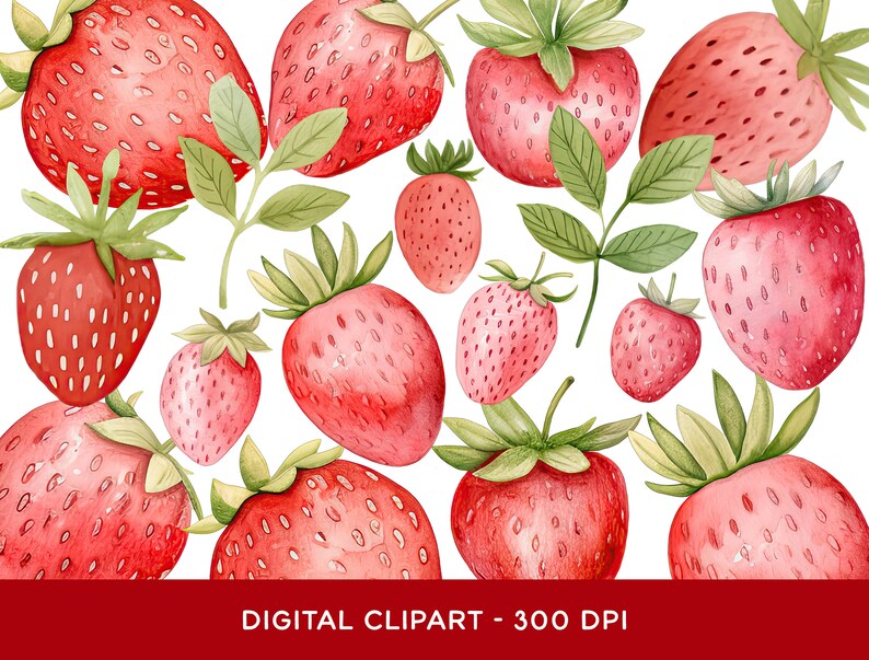 Strawberry Clipart Bundle, Watercolor Red Berries Fruits PNG ...