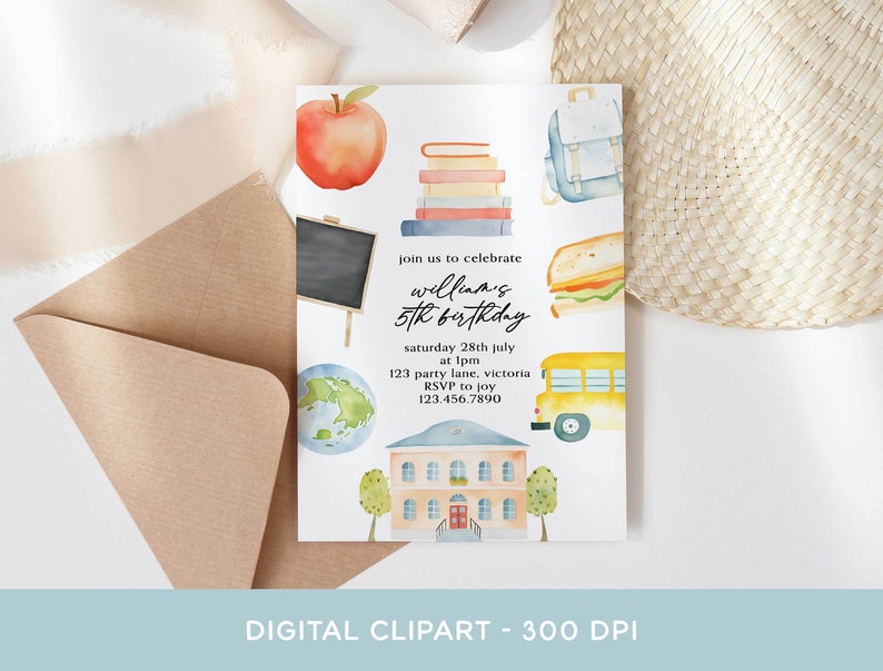 School Clipart Bundle, Watercolor Pencil Bus Books Globe Graphics ...