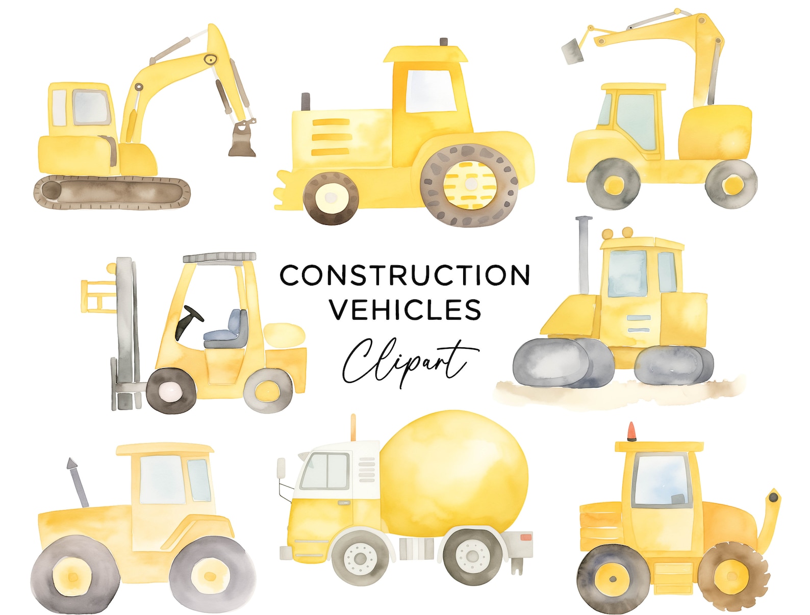 Construction Clipart Bundle, Vehicles Watercolor Digger Excavator Dump ...