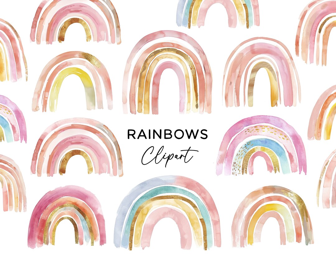 Rainbow Clipart Bundle, Boho Blush Pink & Metallic Gold Watercolor ...