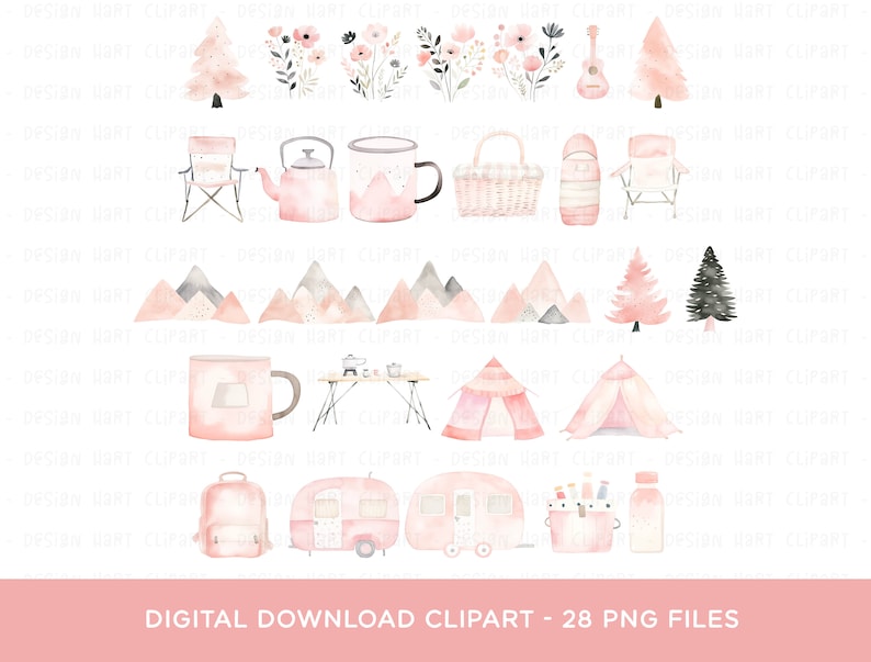 Pink Camping Clipart Bundle, Watercolor Adventure Camper Tent Campfire ...