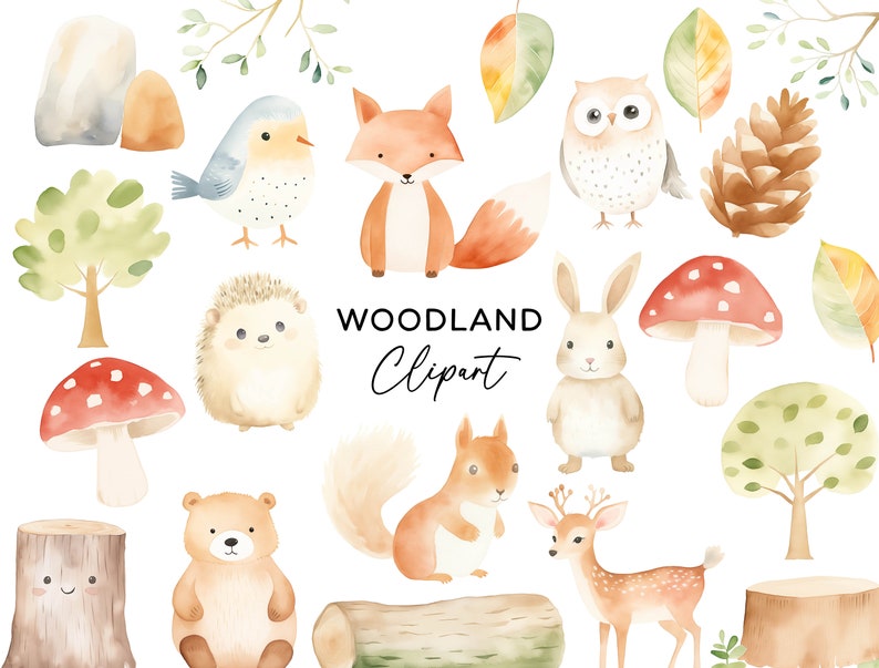 Woodland Animals Watercolor Clipart, Forest PNG Bundle Cute Fox Bear ...