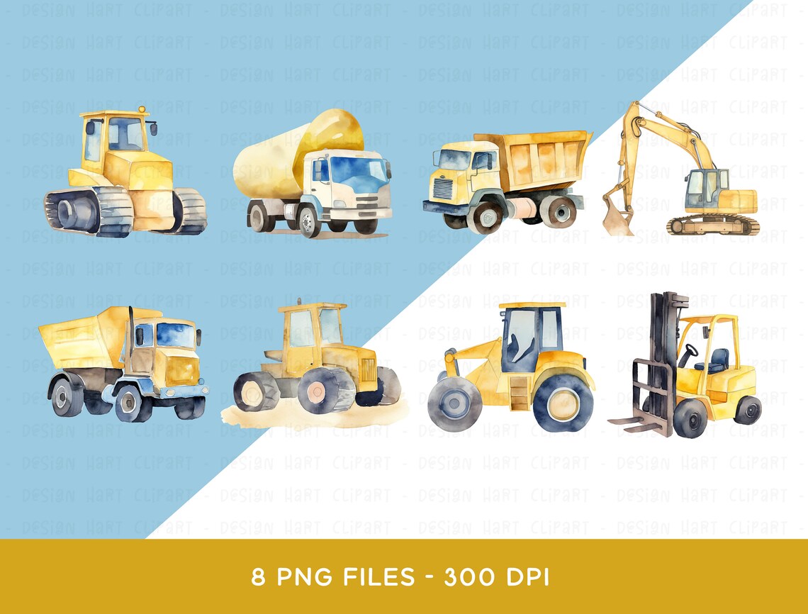 Construction Clipart Bundle, Vehicles Watercolor Digger Excavator Dump ...