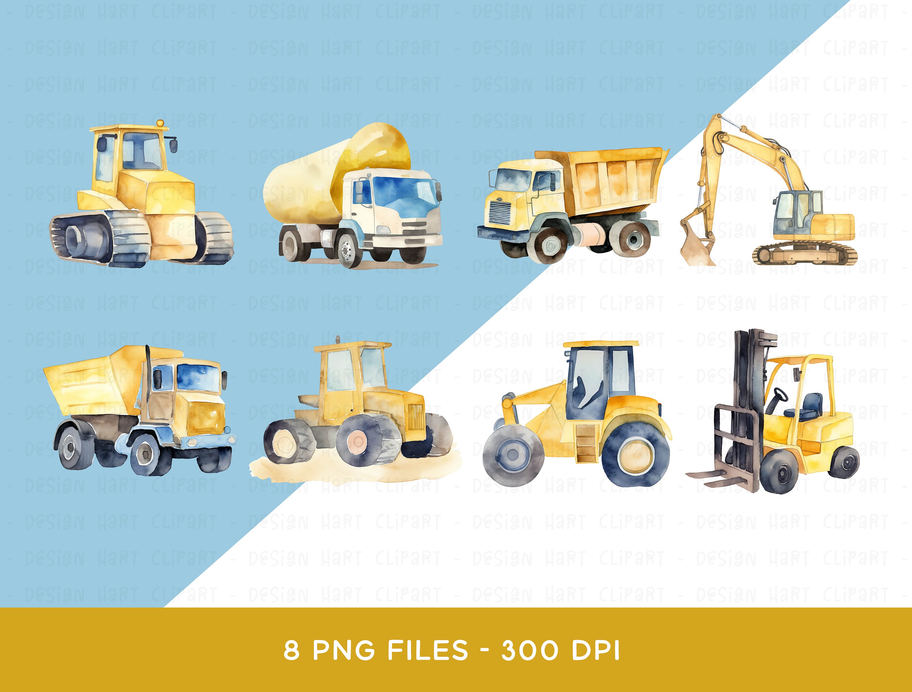 Construction Clipart Bundle, Vehicles Watercolor Digger Excavator Dump ...