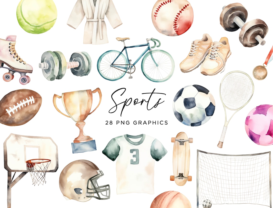 Sports Clipart Bundle Watercolor Balls Soccer Football Cricket ...