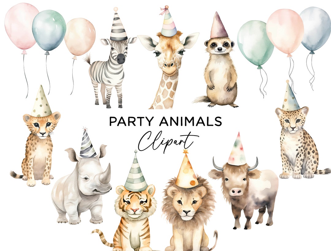 Party Animals Clipart Bundle, Watercolor Safari Jungle Zoo Animals With Party Hats Balloons Lion ...