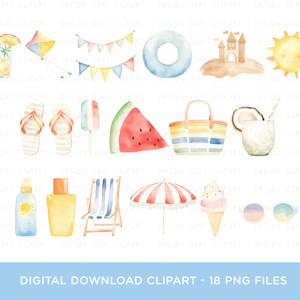 Beach Clipart Bundle, Summer Ocean Kite Sandcastle Umbrella Sun Ice ...