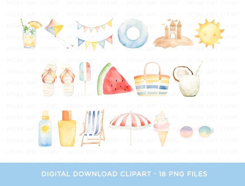 Beach Clipart Bundle, Summer Ocean Kite Sandcastle Umbrella Sun Ice ...