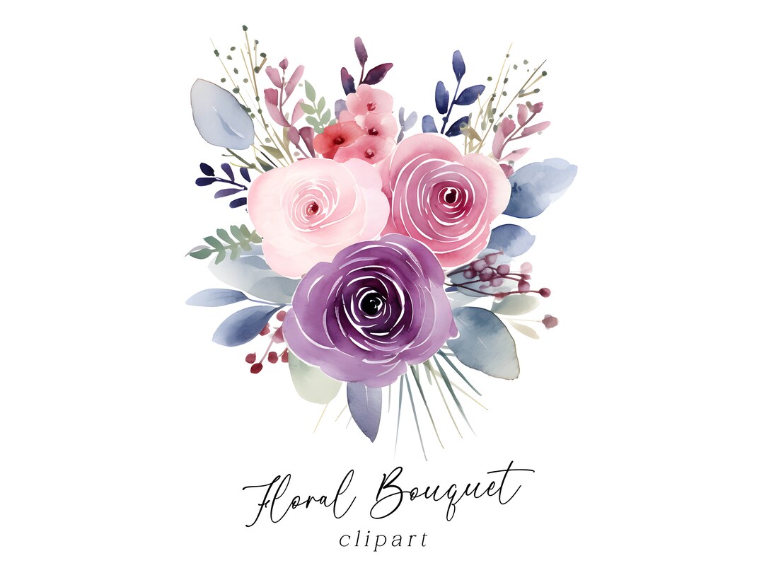 Flower Bouquet Clipart - Watercolor Pink Purple Floral Bunch PNG ...