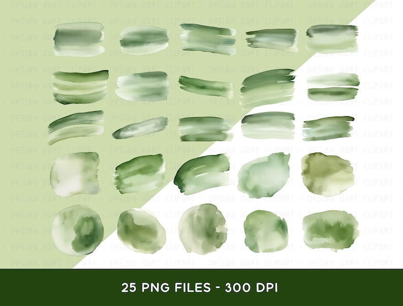 Brush Stroke Clipart Bundle, Sage Green Watercolor Smudge Splodge Stain ...