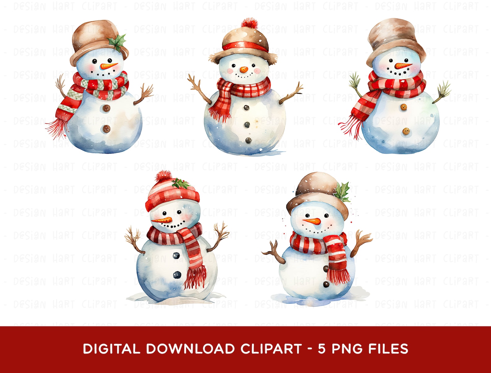 Snowman Clipart Bundle, Watercolor Christmas Holiday PNG Sublimation ...