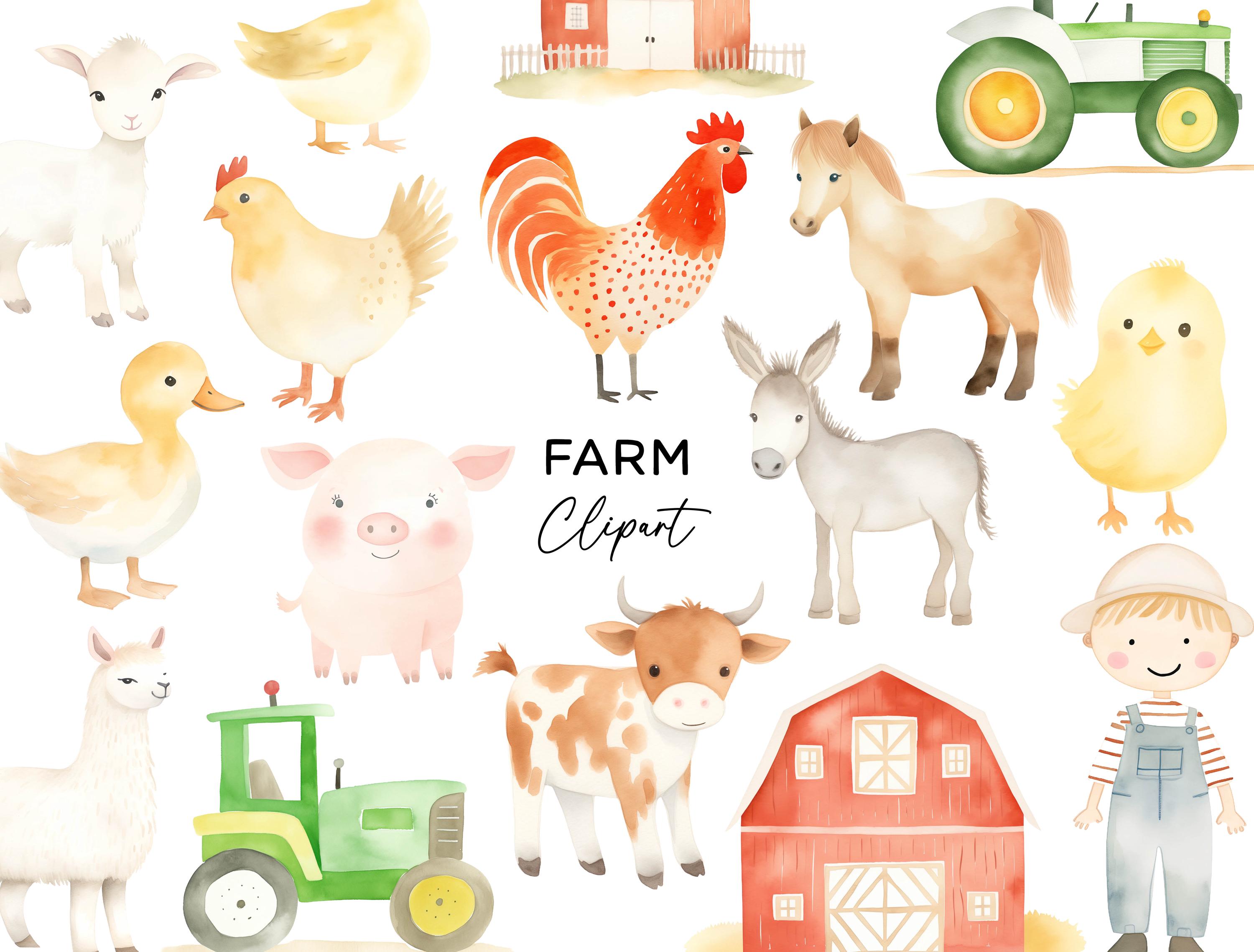 Farm Animals Clipart Bundle - Watercolor Barnyard Tractor Pig Duck ...