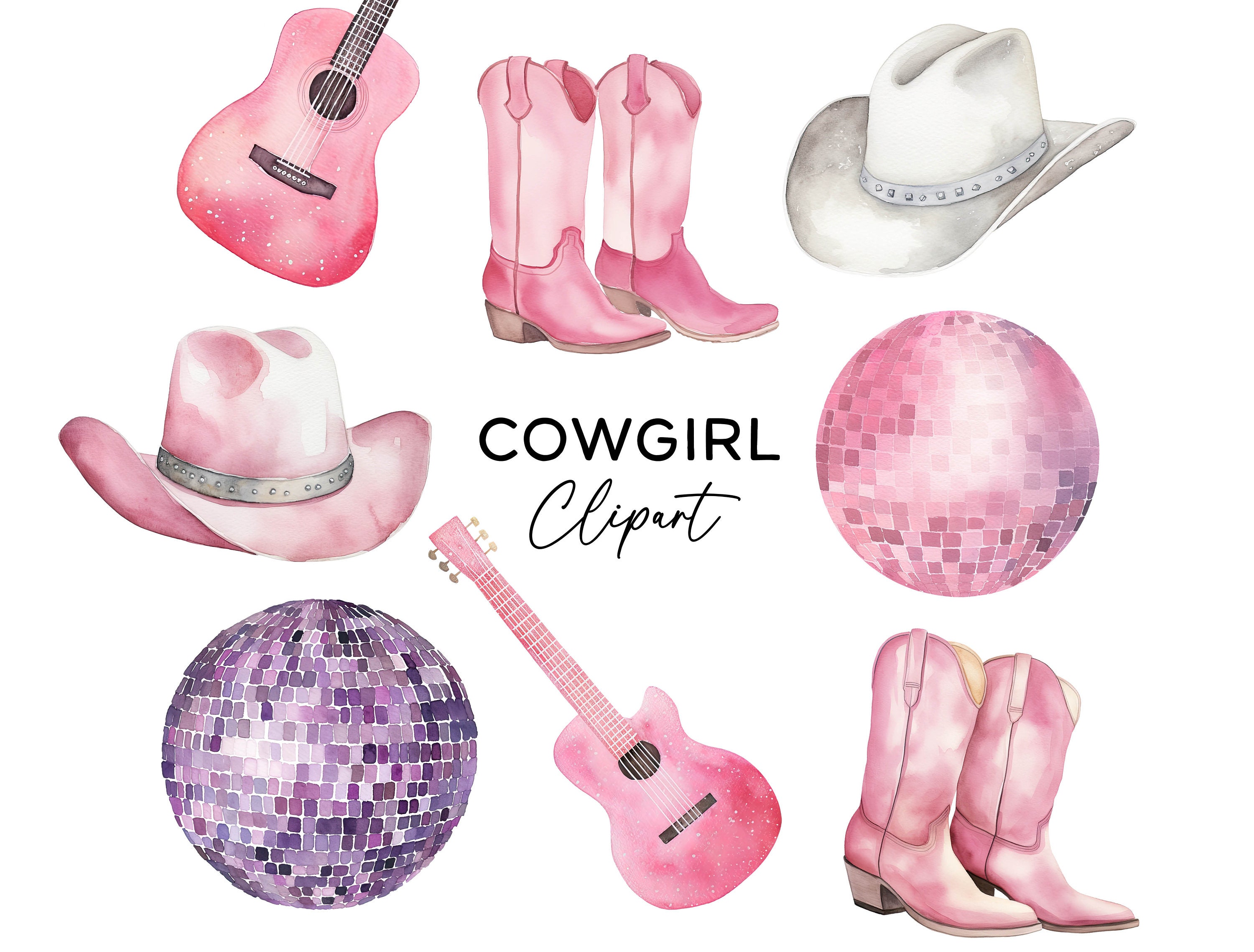 Cowgirl Disco Clipart Bundle, Pink Cowboy Guitar Disco Ball Boots Hat ...