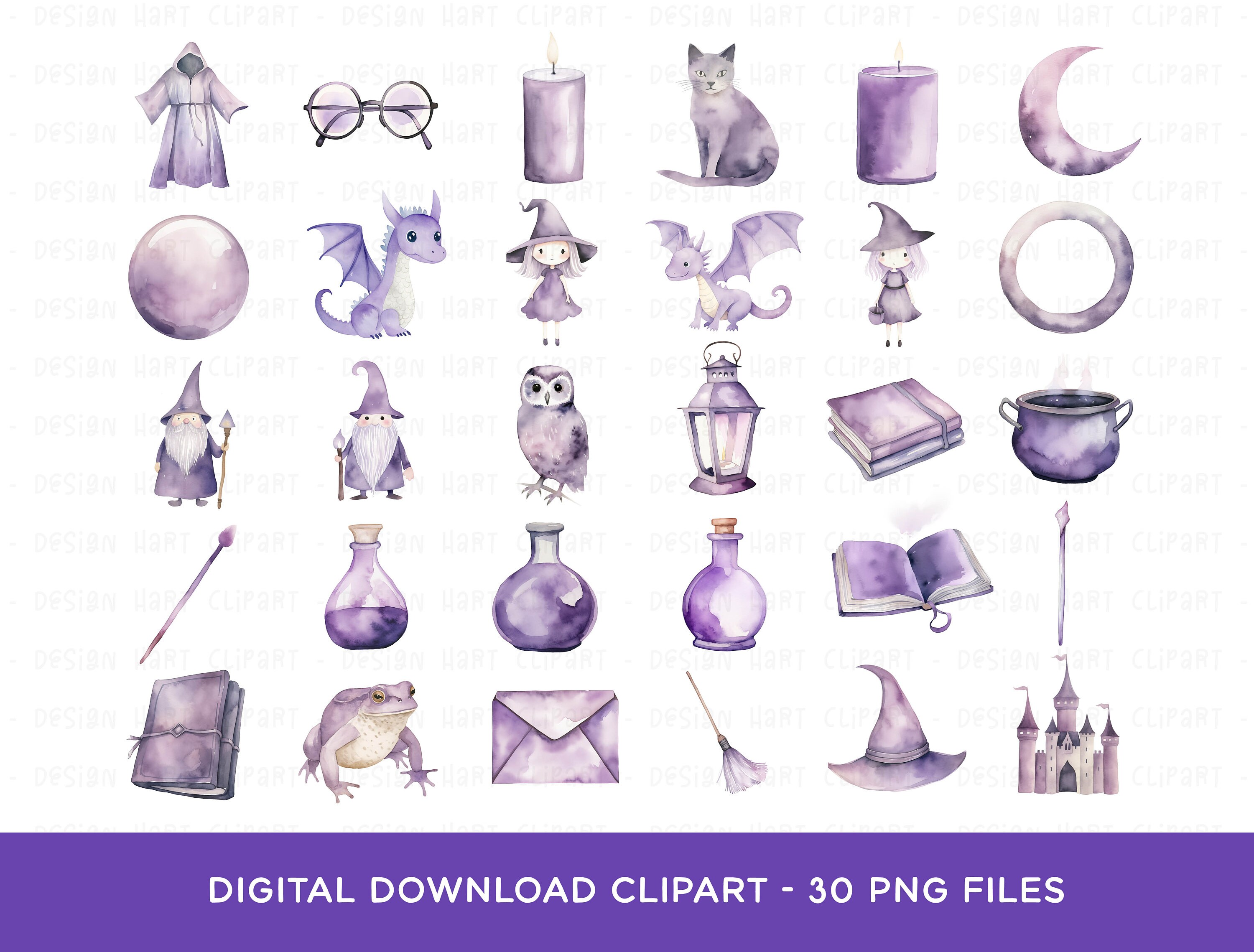 Magic School Clipart Bundle - Watercolor Witch Wizard Cauldron Potion ...