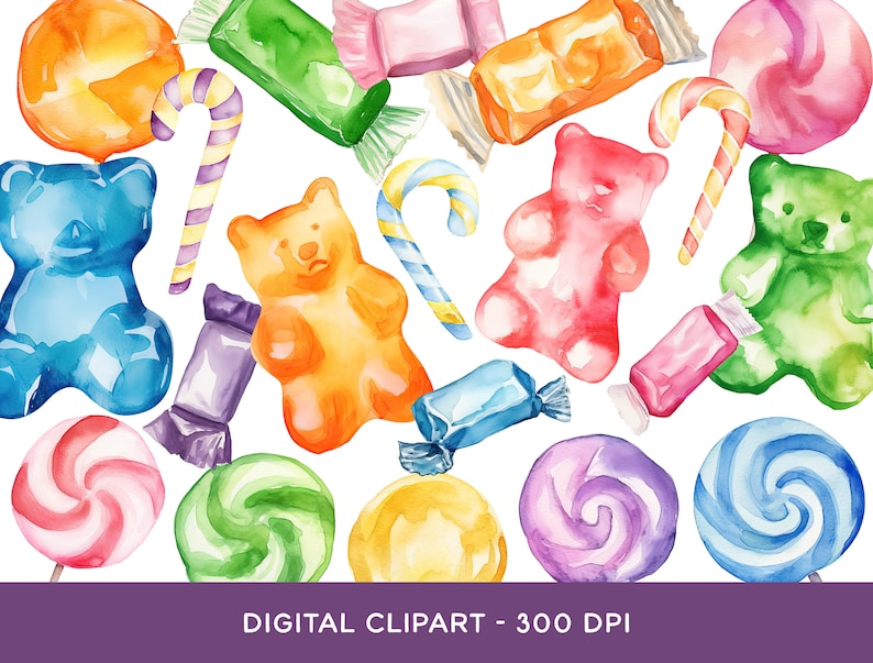 Candy Clipart Bundle, Watercolor Sweets Lollies Lollipop PNG Clip Art ...