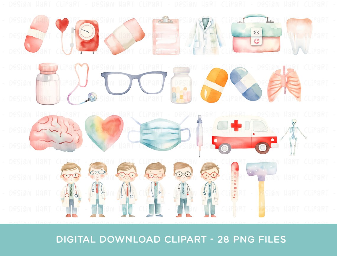 Doctor Clipart Bundle Set, PNG Digital Download Watercolor Medical ...