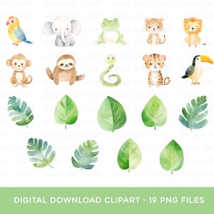 Jungle Animal Clipart Bundle, Watercolor Elephant Tiger Lion Snake ...