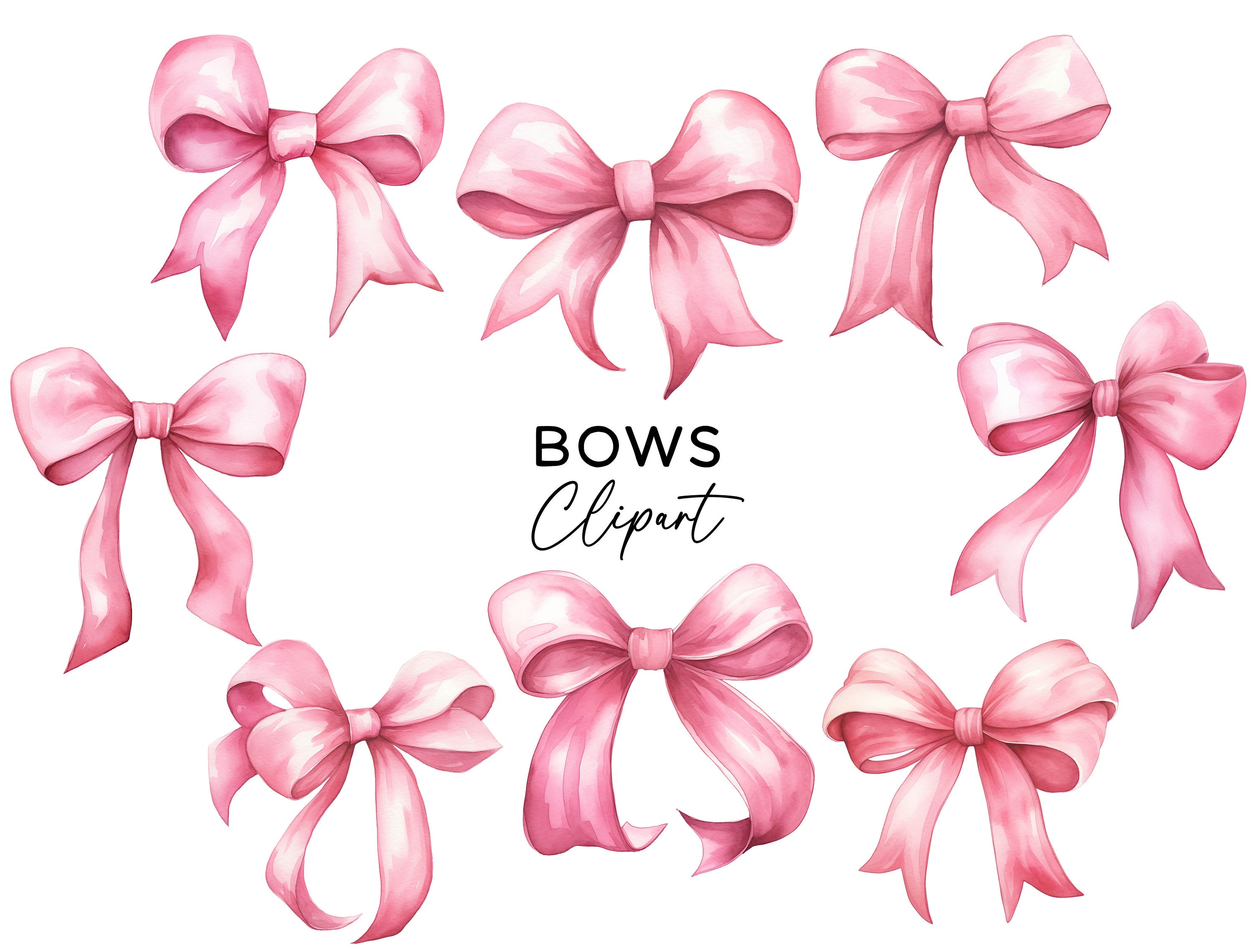 Bow Clipart Bundle Set, Watercolor Pink Bows Ribbons, Pastel Pink PNG ...