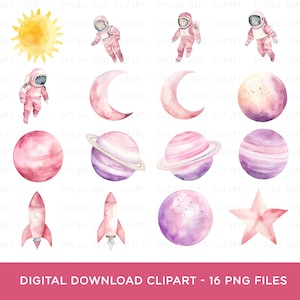 Astronaut Clipart Bundle, Watercolor PNG Girls Pink Digital Download ...