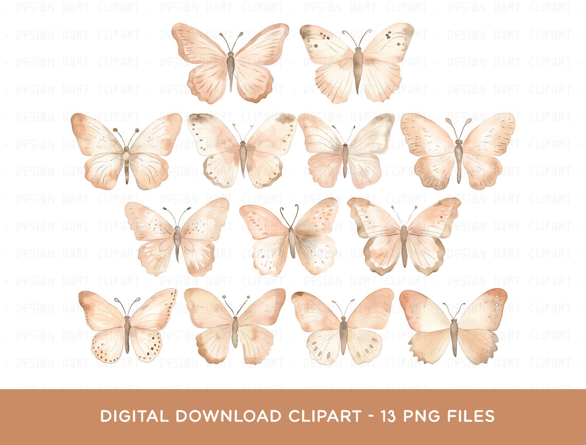 Butterfly Clipart Bundle - Watercolor Boho Beige Neutral Soft Pastel ...