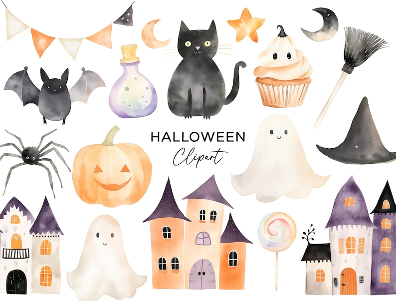Halloween Clipart Bundle, PNG Digital Download Watercolor Pumpkin ...