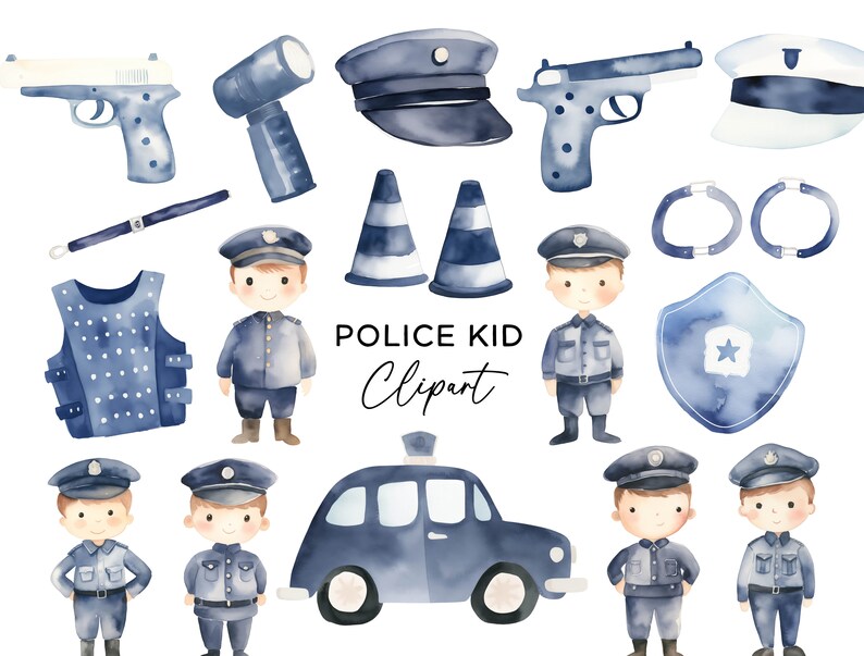 Police Kid Clipart Bundle, Cute Watercolor Boy Policeman Car Gun ...