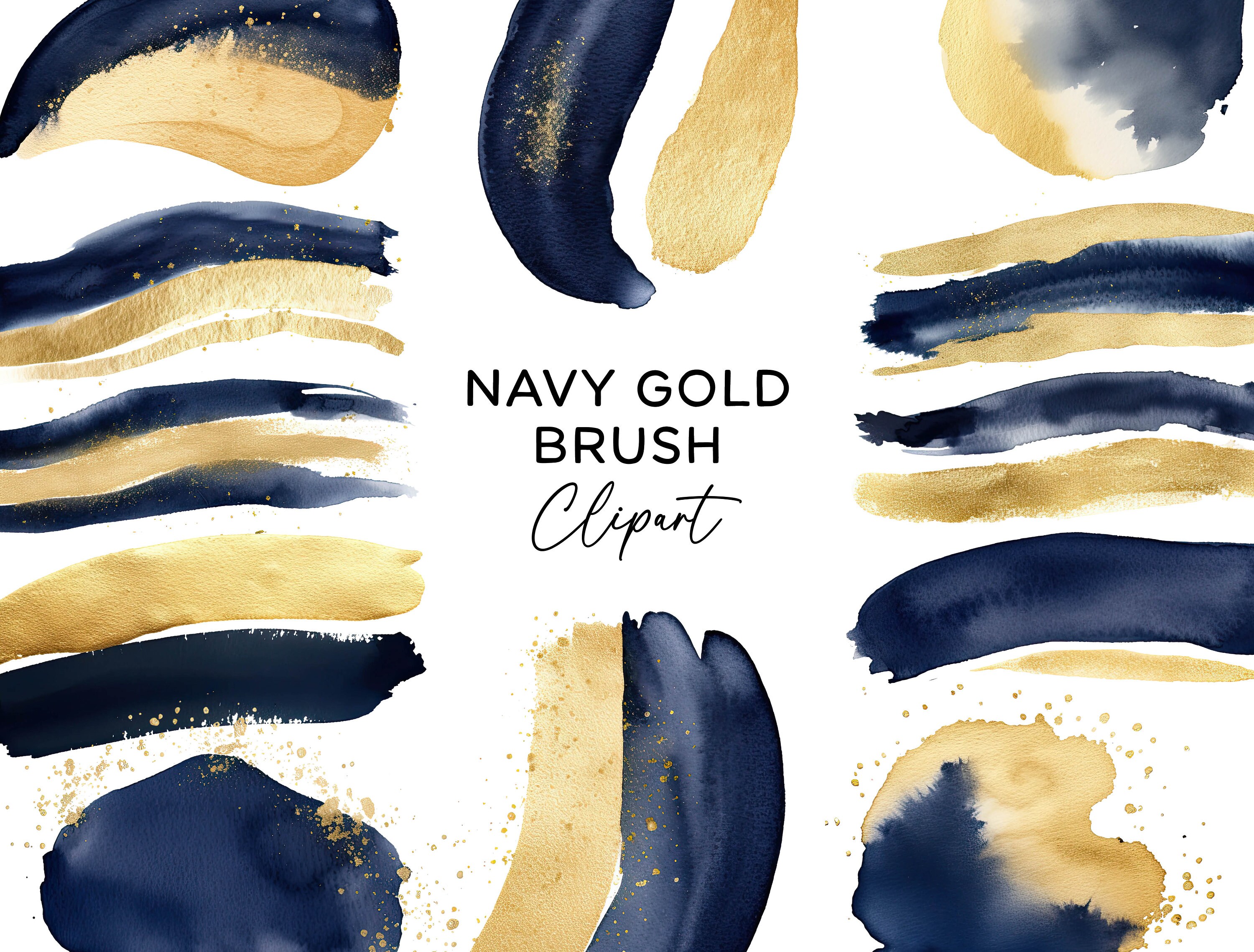 Brush Stroke Clipart Bundle Watercolor Navy Blue & Gold Foil Smudge ...