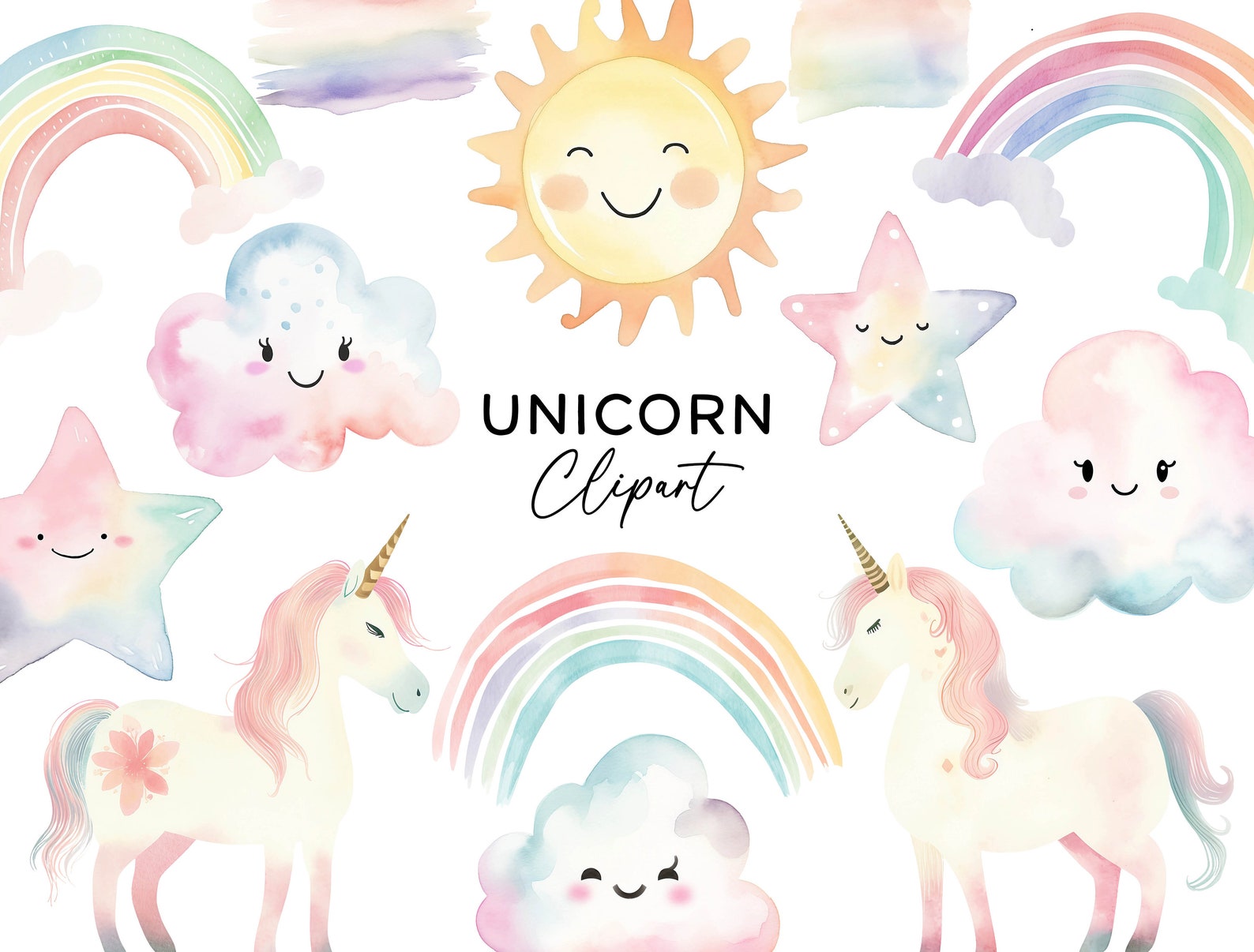 Unicorn Clipart Bundle Watercolor Magical Pastel Rainbow Unicorns PNG ...