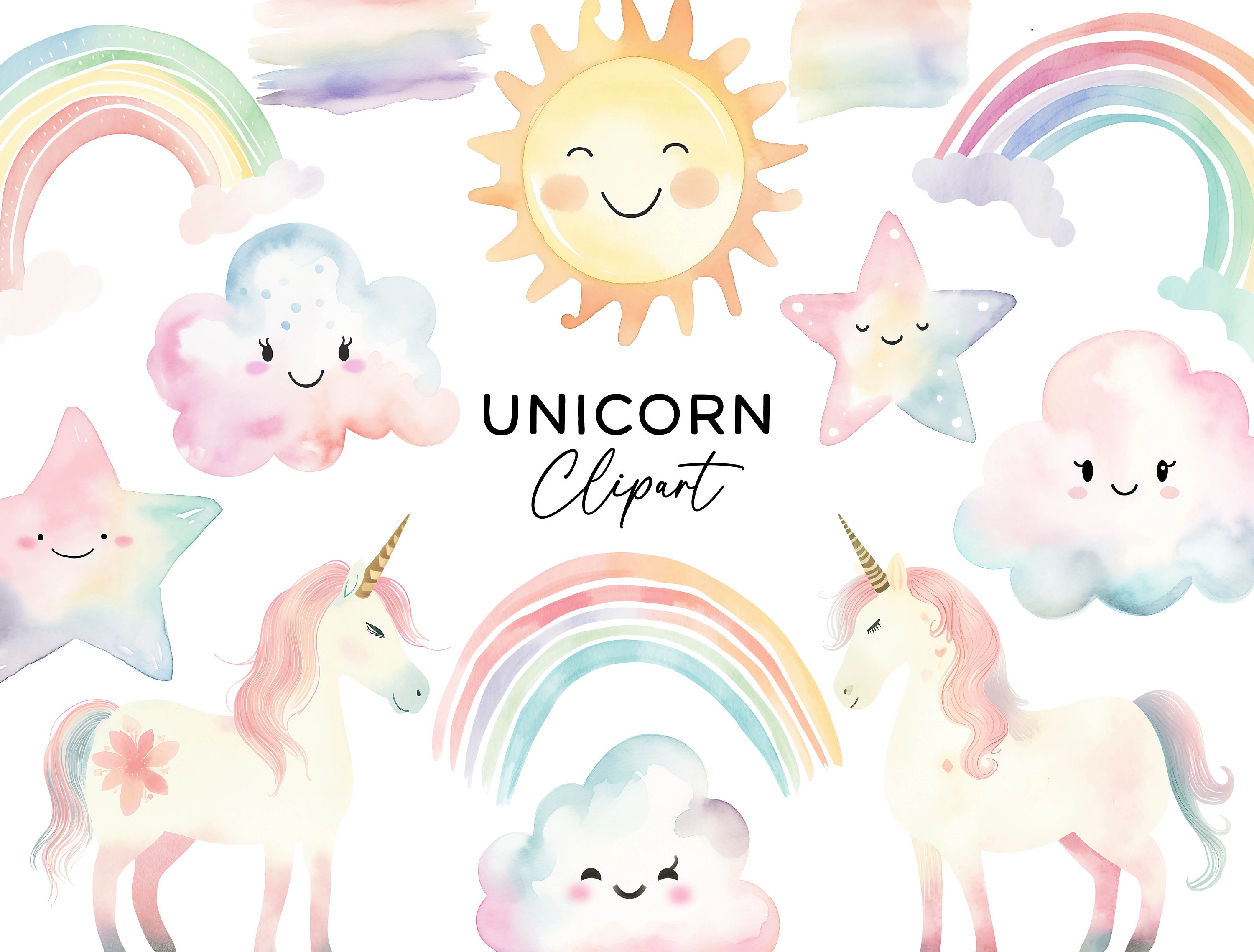 Unicorn Clipart Bundle Watercolor Magical Pastel Rainbow Unicorns PNG ...