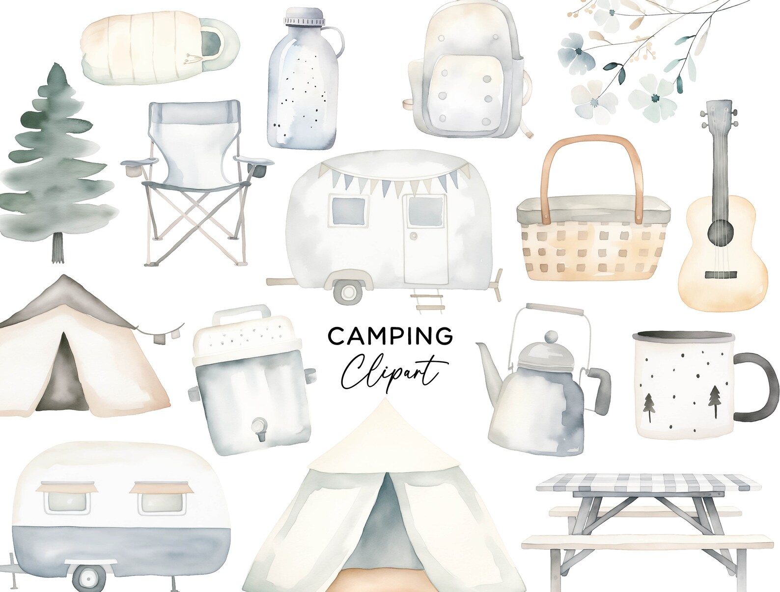 Camping Clipart Bundle, Camping Supplies Tent Caravan Camper Picnic ...