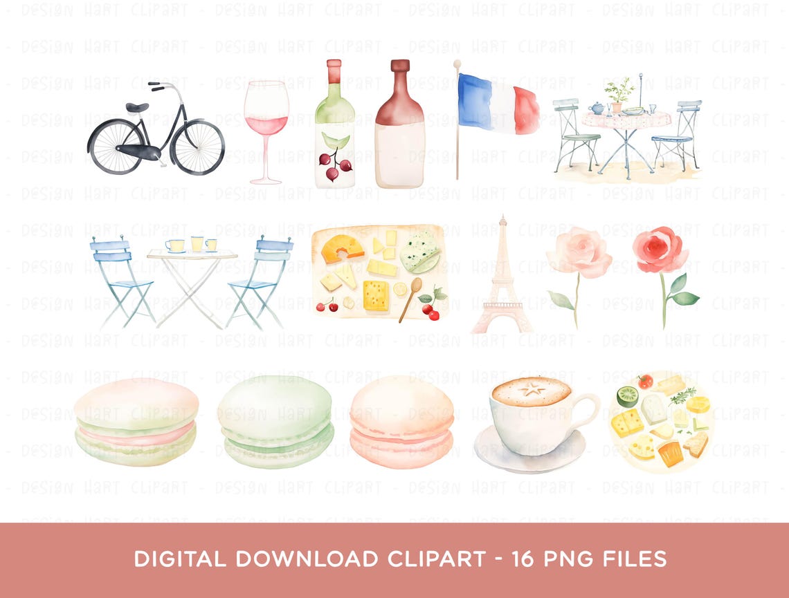 France Clipart Bundle, PNG Graphics Digital Download Watercolor French ...